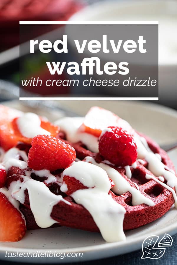 Red Velvet Waffles with Cream Cheese Icing Drizzle - Taste and Tell