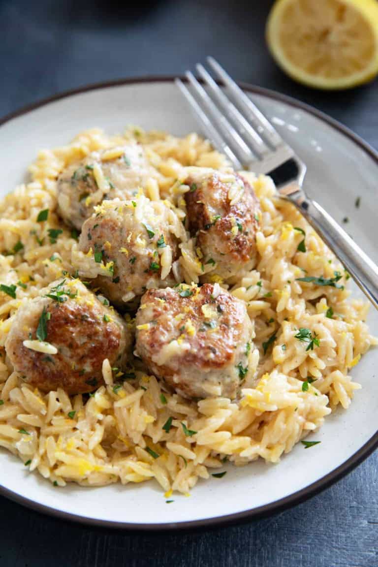 Chicken Meatballs with Creamy Lemon Orzo - Taste and Tell