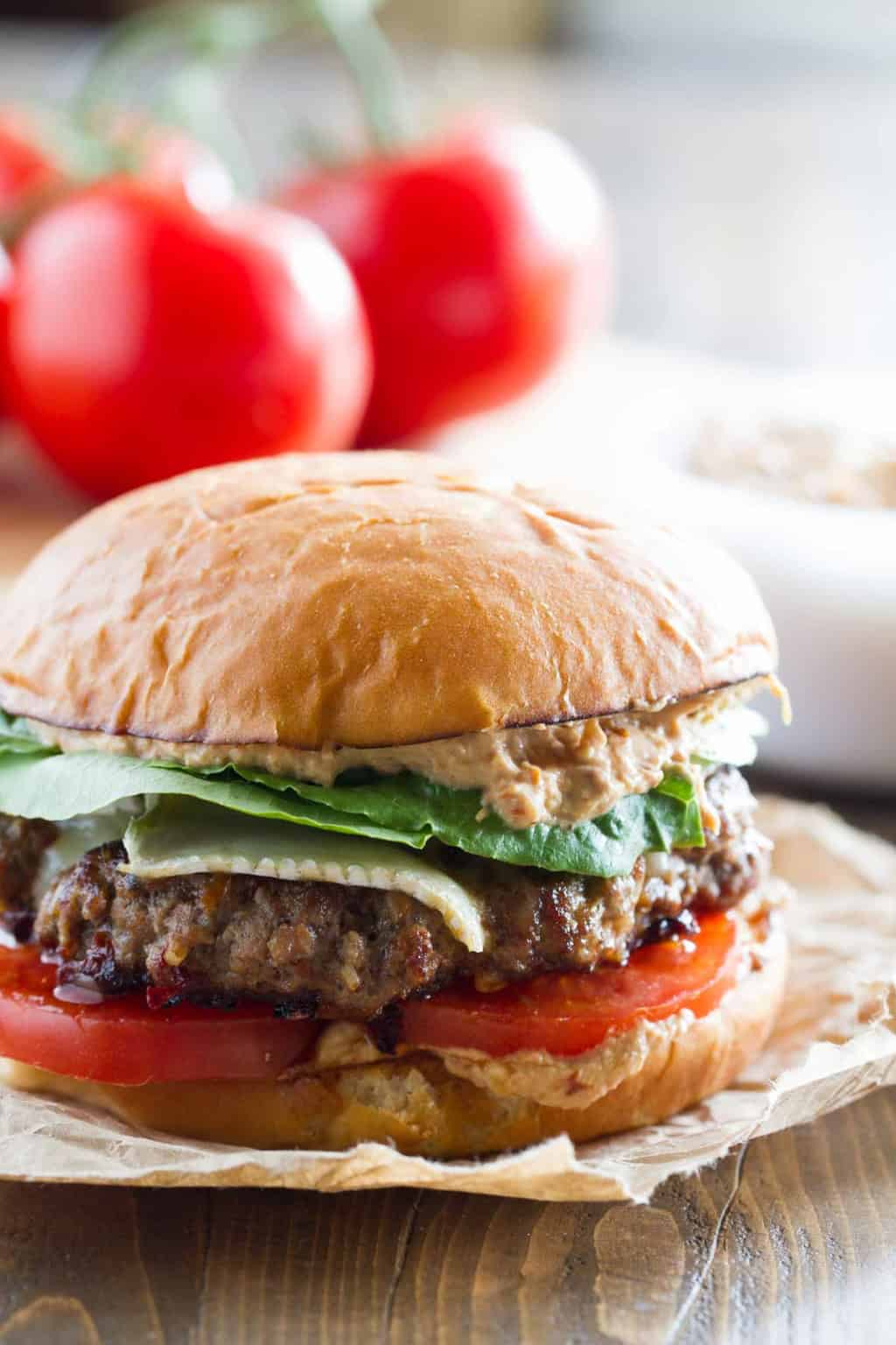 Brie Burger with Sun Dried Tomato and Artichoke Spread - Taste and Tell